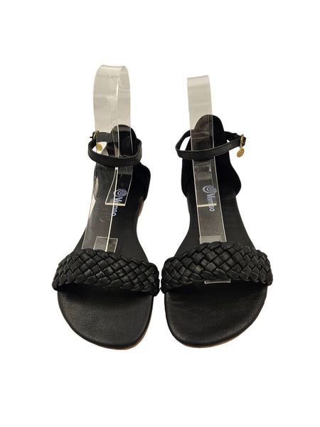 Black Leather Flats with Plaited Front and Ankle Strap – Vertigo Shoes