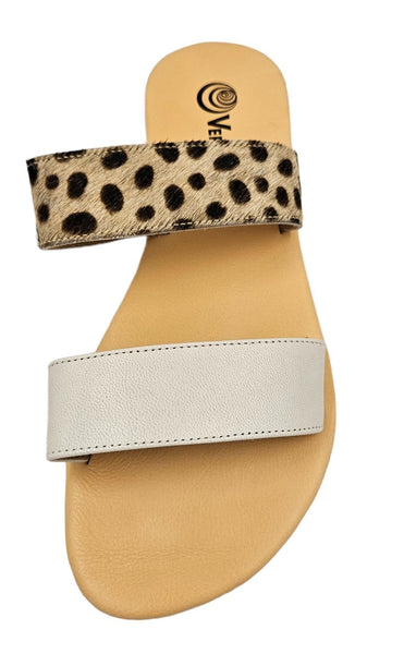 Leopard and White 2 Strap Leather Slide Sandals – Vertigo Shoes